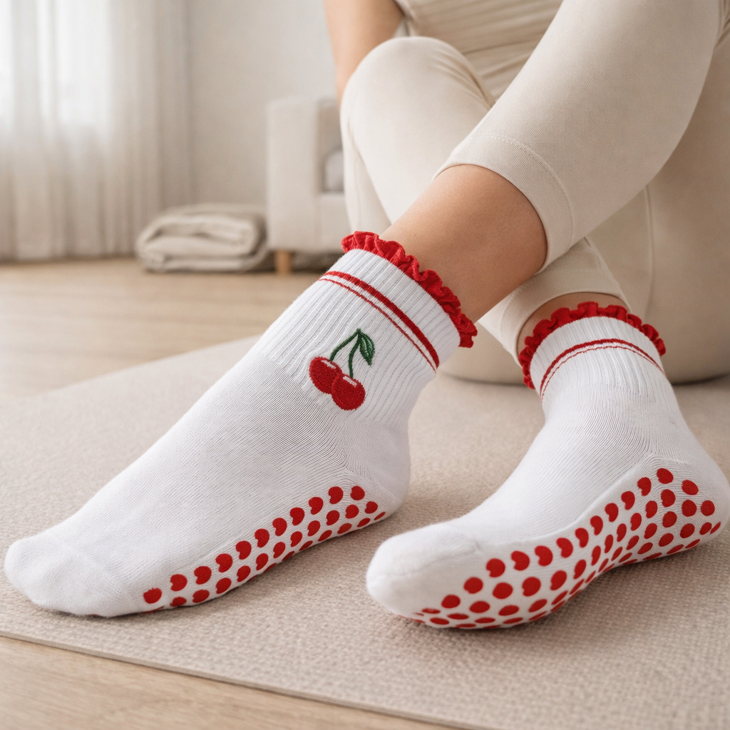 Women’s Pilates Socks - Cherry Embroidered Non-Slip – Vivano-London