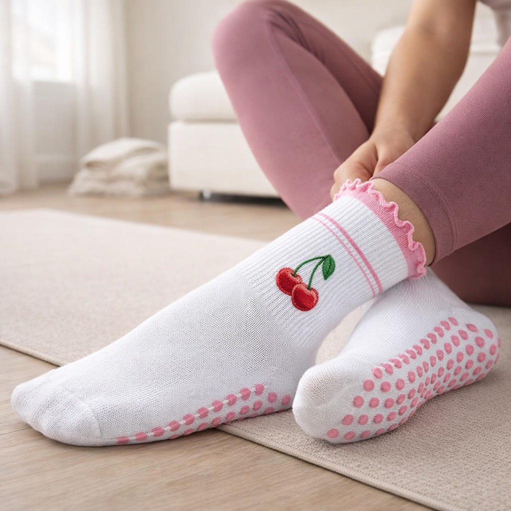 Women’s Pilates Socks - Cherry Embroidered Non-Slip – Vivano-London