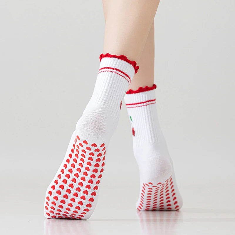 Women’s Pilates Socks - Cherry Embroidered Non-Slip – Vivano-London